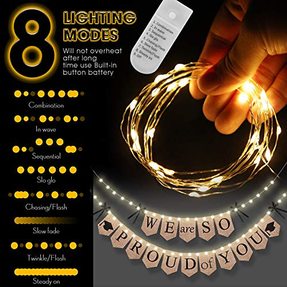 2023 Graduation Banner, We are So Proud of You Burlap Banner with 8 Modes LED String Lights, Lighting Wall Hanging Garland Bunting Flags Sign for Grad Party