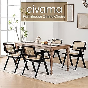 civama Rattan Dining Chairs Set of 2, Retro Woven Chairs for Dining Room Mid-Century Modern Armchairs, Breathable Rattan Back & Seat, Solid Wooden Frame, Kitchen Chairs for Home Restaurant, Black
