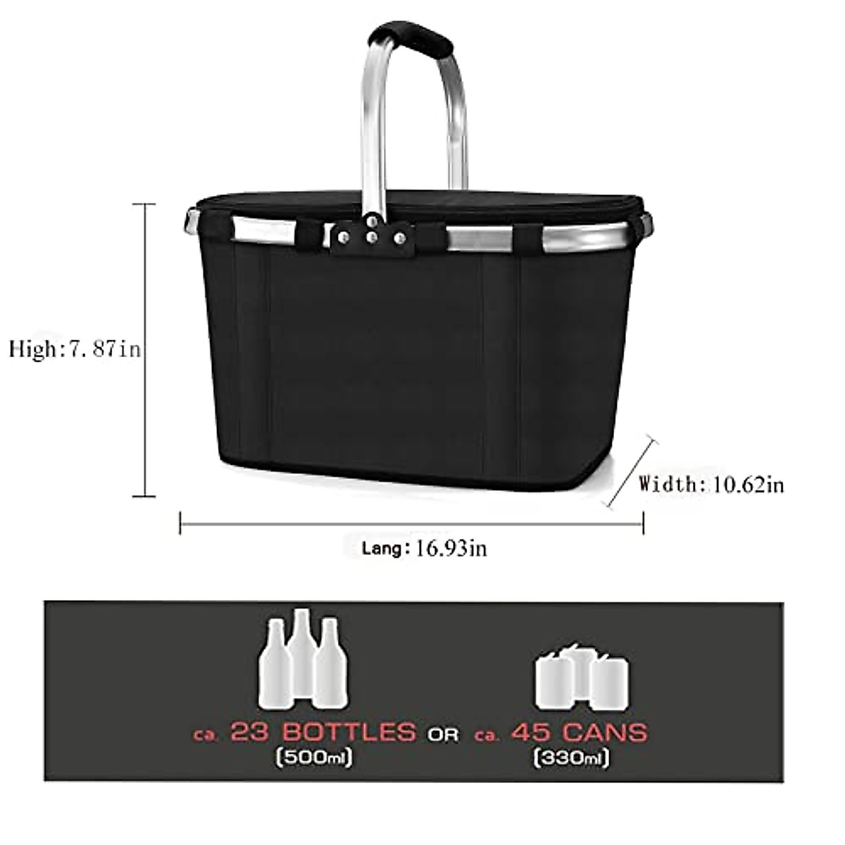 GIVDDAE Picnic Basket Shopping Bags Lunch Bag for Women/Men School Picnic Beach Insulated Bag for Hot Food Delivery Bag Collapsible Picnic and Food Delivery Tote 30L (Black)