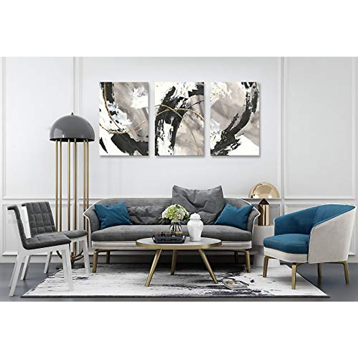 Black and White Canvas Art Wall Decor for Living Room Framed Abstract 3 Piece Gold Gray Print Painting Modern Artwork 16x24in x3