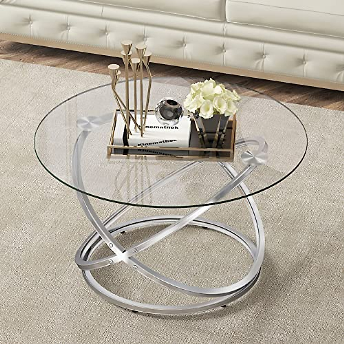 OIOG Round Coffee Table, Glass Coffee Tables for Living Room, Modern Coffee Table with Tempered Glass Tabletop, Chrome Finish (Silver)