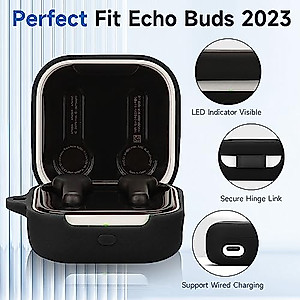 LDSXAY Compatible with Echo Buds 2023 Case Cover, Soft Silicone Shockproof Protective Case Skin for All-New Echo Buds (2023 Release) Charging Case with Carabiner, Front LED Visible (Black)