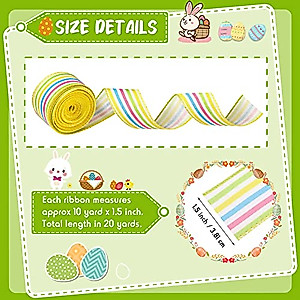 20 Yard Spring Ribbon Easter Stripe Wired Ribbon Burlap Pastel Stripe Ribbon Pink Lime Yellow White Blue 2 Rolls for Spring DIY Craft Baby Shower Gender Reveal Easter Holiday Decoration (1.5'')