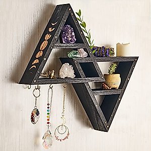 Sysnocon Triangle Crystal Shelf Display with Hooks, Moon Shelf for Witchy Room Decor Triangle Shelf for Crystal Stones Display, Crystal Holder Crystal Organizer Shelf for Living Room, Bed Room