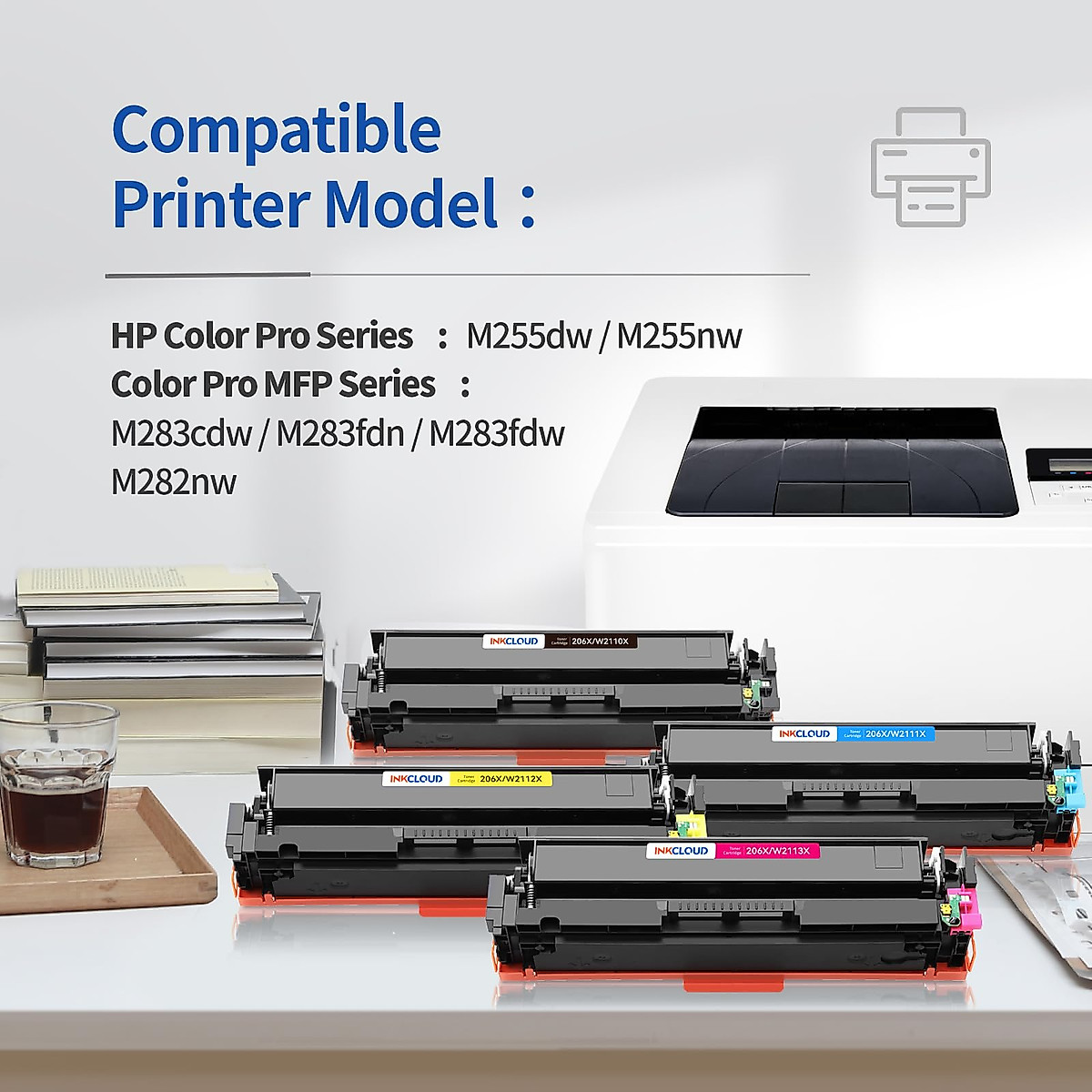 INKCLOUD 206X Toner Cartridges 4 Pack (with Chip) Compatible Replacement for HP 206X A W2110A W2110X Work with HP Color Pro MFP M283fdw M283cdw M283 Pro M255 M255dw Printer Ink High Yield Toner