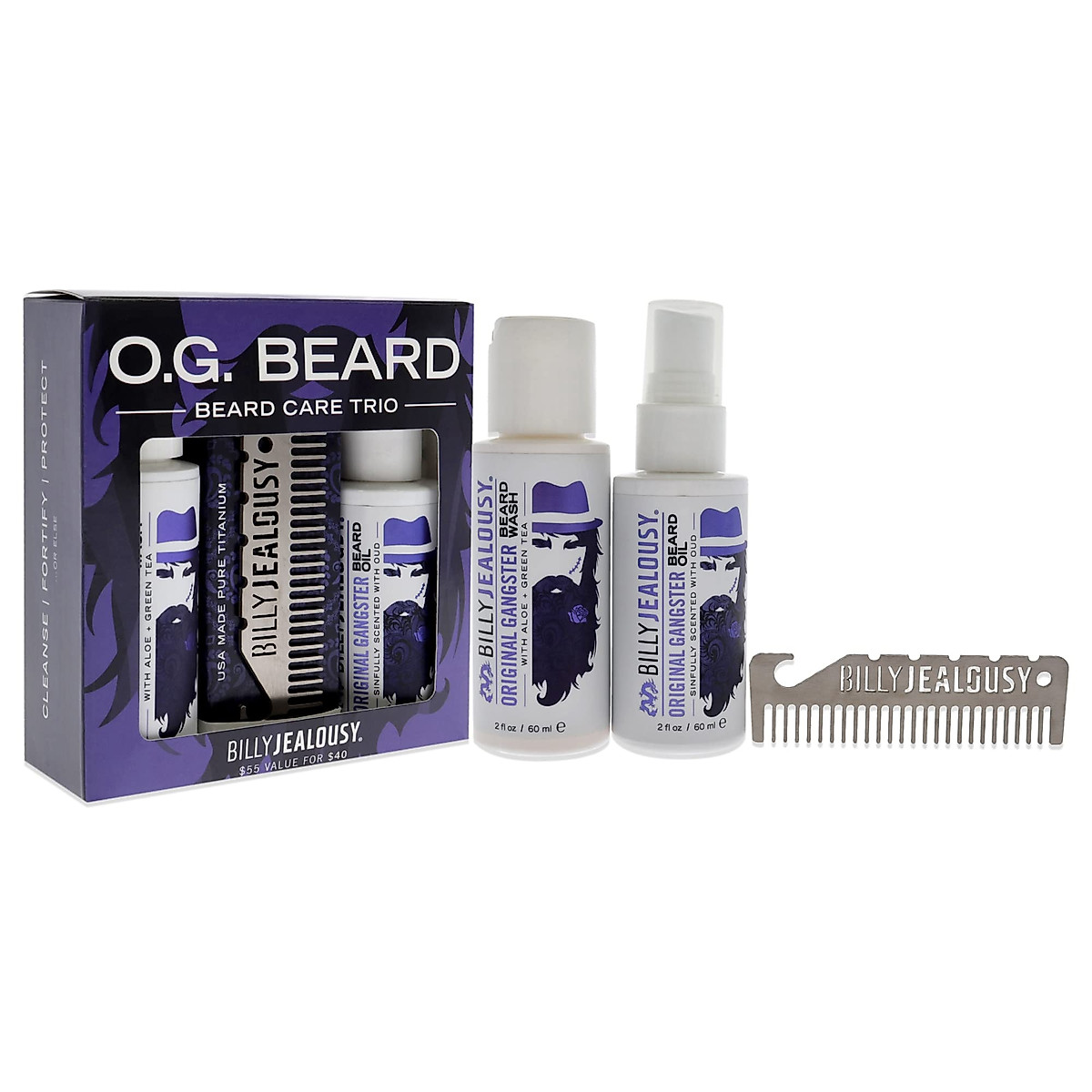 Billy Jealousy Original Gangster Beard Kit with Trave Size Beard Wash, Oil and Titanium Keychain Comb to Cleanse, Stengthen & Soften Facial Hair, Oud Wood Scent