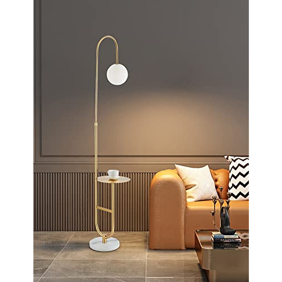Michideco Floor Lamp with Shelf, Functional Bedside Lamp with Marble Table for Bedroom, Living Room or Office (with Mable Table)