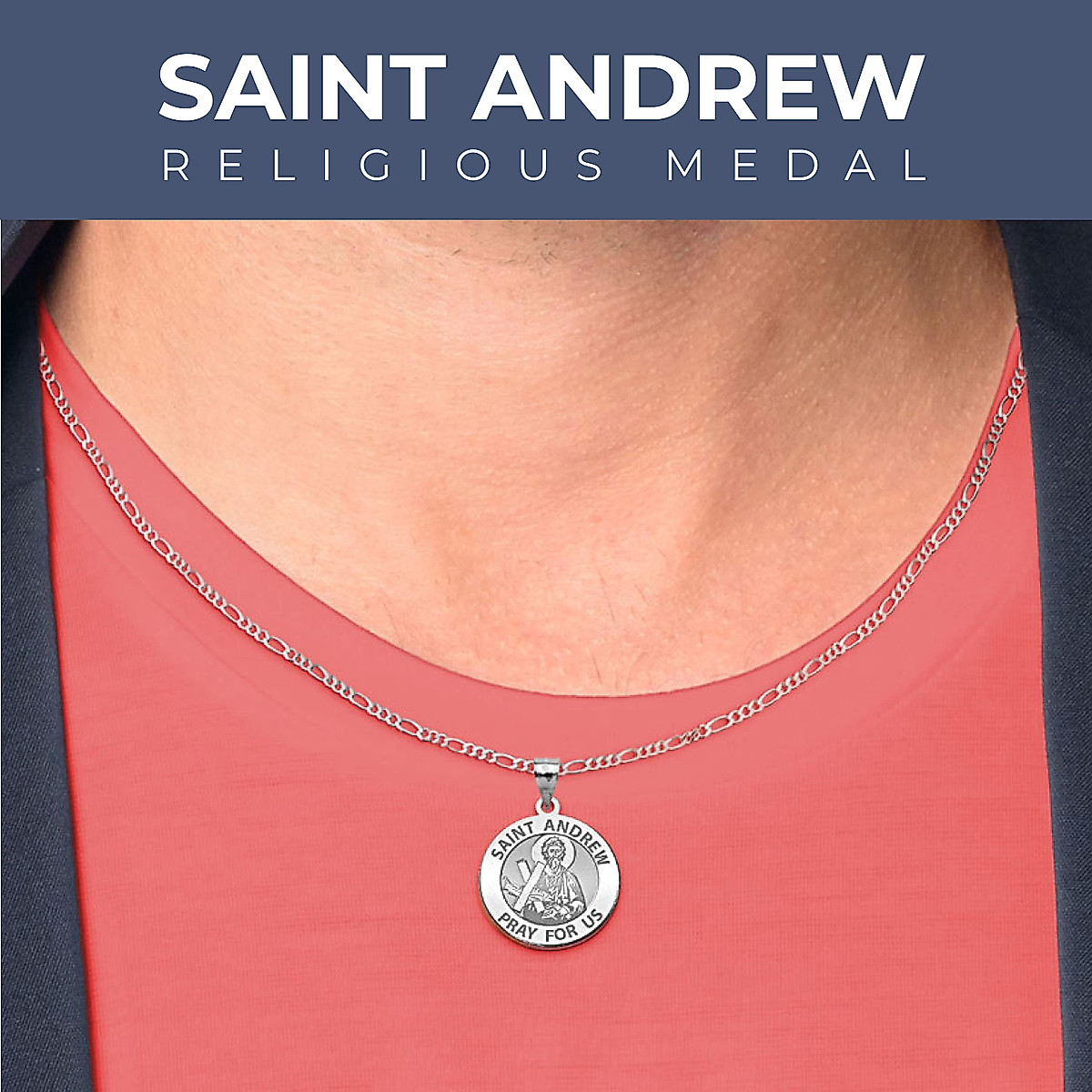 PicturesOnGold.com Saint Andrew Pray for Us Religious Medal Pendant Necklace - 3/4 Inch Size of a Nickel - Sterling Silver