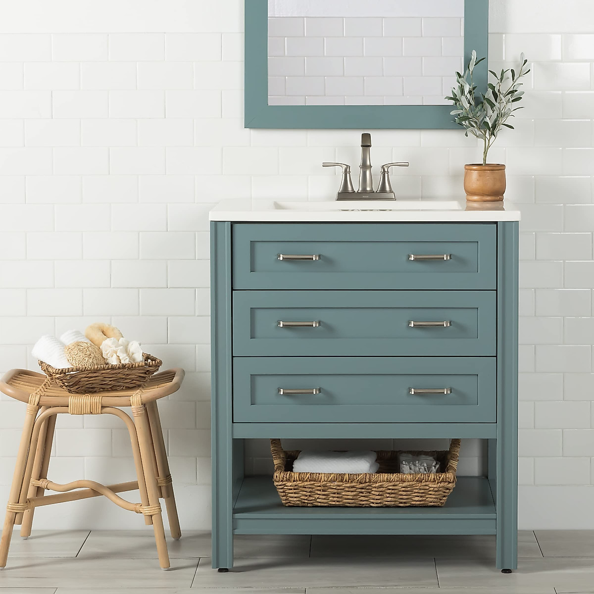 Spring Mill Cabinets Eaton Bathroom Vanity with 2 Drawers, Open Shelf, and White Sink Top, 30.25" W x 18.75" D x 35.41" H, Sage