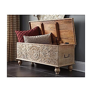 Signature Design by Ashley Fossile Ridge Boho Carved Wood Storage Bench with Hinge Top, Beige