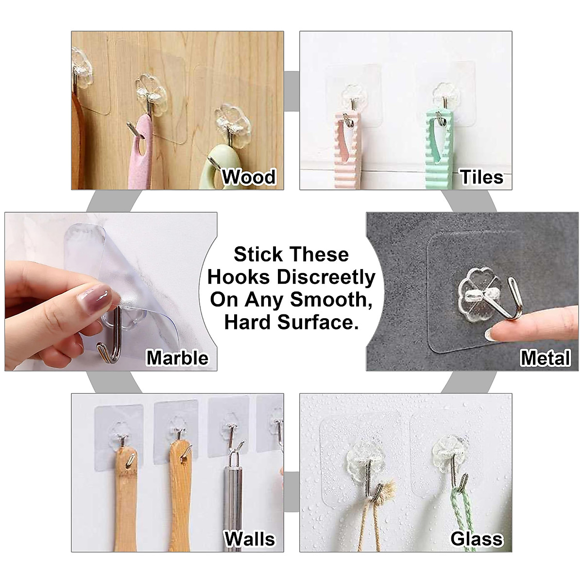 XCZYN Self Adhesive Hooks 24 Pcs Transparent Waterproof Sticky Hooks Hanging Heavy Duty on Smooth Surfaces Like Wall, Tiles, Glass, Metal for Home, Bathroom, Kitchen, Office and Outdoor (24, Clear)