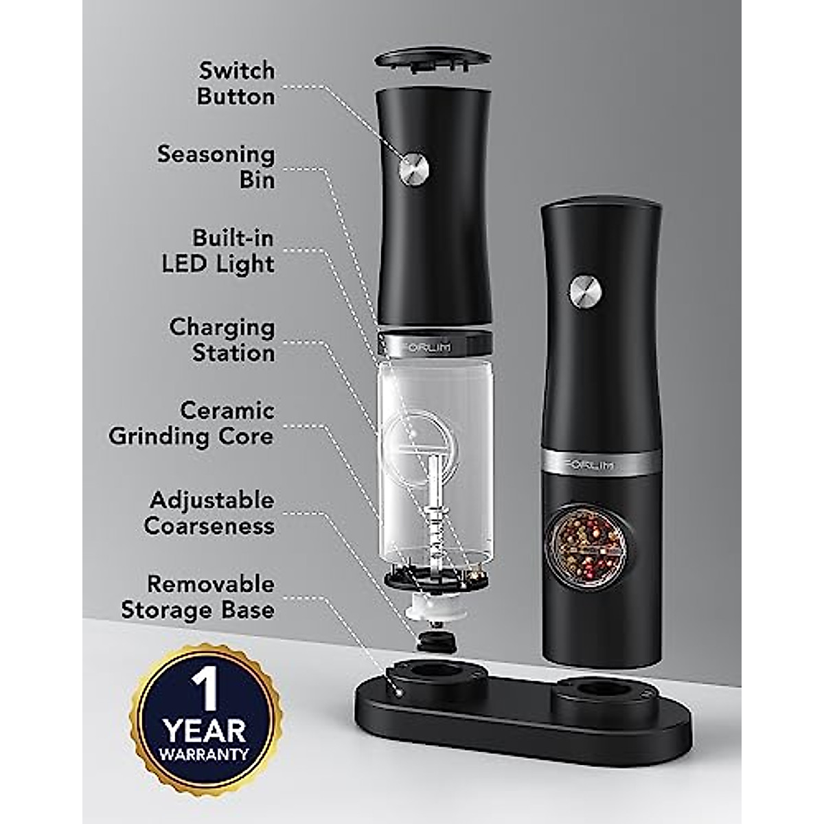 FORLIM Rechargeable Salt and Pepper Grinder Set with USB Base, Automatic Electric Pepper Mill, Adjustable Coarseness, with White LED Light, High Speed Grinding, One Hand Operation, 2 Mills