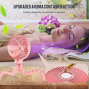 Stroller Fan Upgraded Handheld Personal Fan Battery Operated Mini Portable Fan with LED Light Aromatherapy, Flexible Tripod Clip On Fan with 3 Speeds Versatile Fan for Car Seat Crib Bike Desk (Pink)