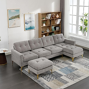 EMKK 110" Convertible Sectional Sofa Couch Furniture, 6 Seat Sofa for Living Room L/U Shaped Modern Fabric UpholsteredModular Sofá Sleeper with Double Chaise & Memory Foam & Movable Ottoman