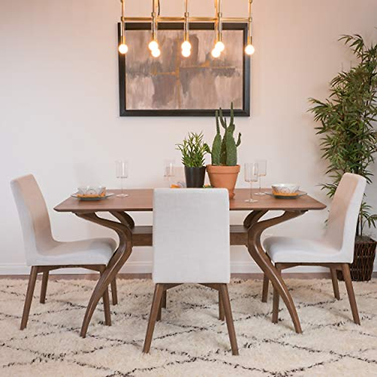 Christopher Knight Home Orrin Curved Leg Rectangular Dining Set, 5-Pcs Set, Natural Walnut / Light Beige