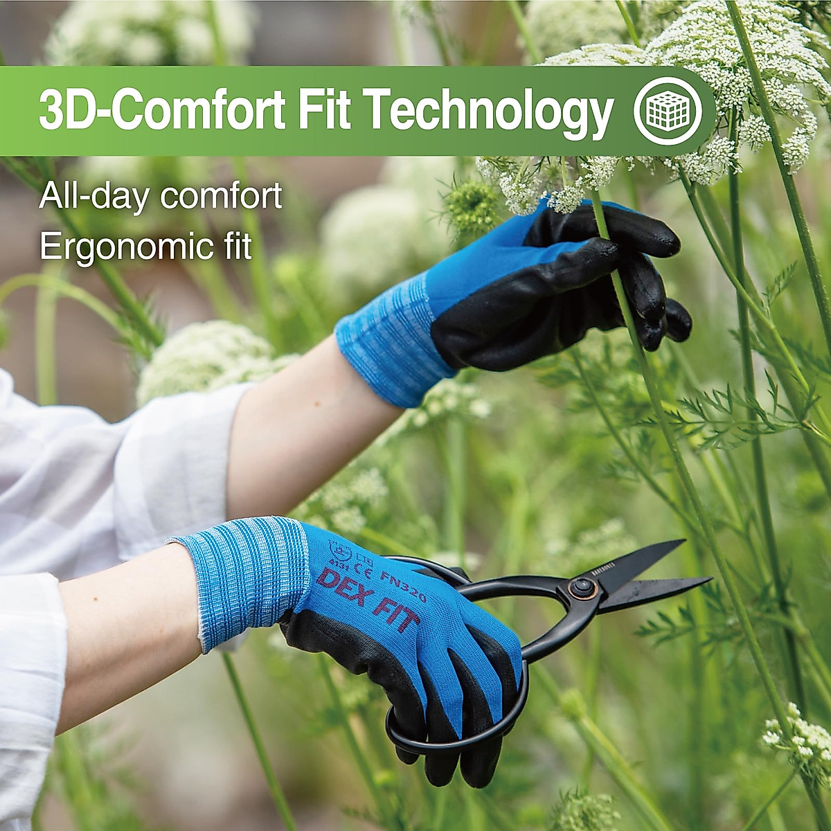 DEX FIT Premium Nylon Work Gloves FN320 - Firm Nitrile Grip, 3D-Comfort Stretchy Fit, Thin & Lightweight, Protective & Durable, Breathable, Machine Washable; Navy 7 (S) 1 Pair