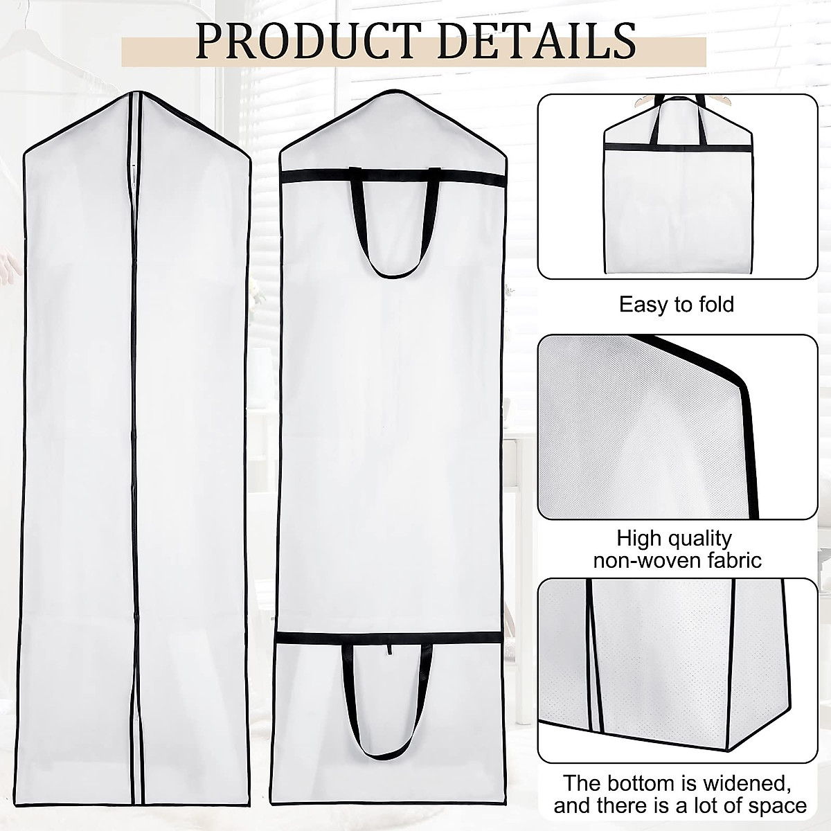 Woanger 6 Pcs 70.9" x 24" x 12" Bridal Wedding Gown Dress Garment Bag for Travel Large Garment Covers Hanging Foldable Non Woven Wedding Dress Bag for Storage Zipped Long Dress Cover (White)
