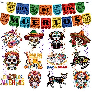 Day of the Dead Decorations for Altar NO-DIY Dia De Los Muertos Party Supplies Include 2pcs Dia De Los Muertos Banner and 12pcs Double Sided Day of the Dead Hanging Swirl for Mexican Halloween Party