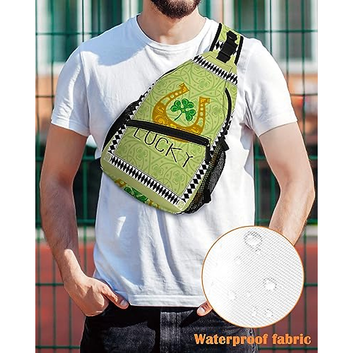 Gsypo Sling Backpack, St.Patrick's Day Lucky Shamrocks Horseshoe Waterproof Lightweight Small Sling Bag, Travel Chest Bag Crossbody Shoulder Bag Hiking Daypack for Women Men