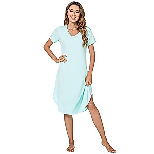 QUALFORT Womens Bamboo Nightgown Short Sleeve Sleepwear V Neck Loungewear Side Slit Soft Nighdress Aqua Green Medium