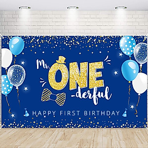 FVABO 1st Birthday Decorations Boy - First Birthday Baby Boy Decorations Include Balloon Box, Backdrop, Crown, Banner, High Chair Banner, Topper, For Baby First One Year Old Boy Party Supplies