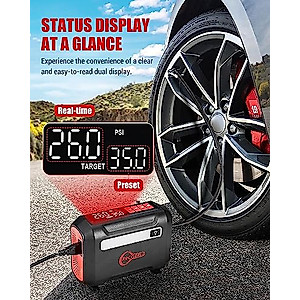 ROCGORLD R8 Tire Inflator Portable Air Compressor, DC 12V Air Compressor Portable with Large Dual Digital Screen, 3X Faster Inflation Air Pump for Car, Bike, Ball, Motor