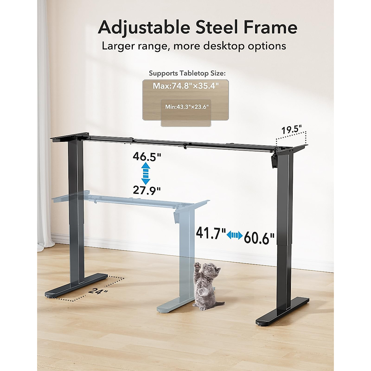 HUANUO Standing Desk Frame with 220lbs Powerful Brushless Motor, Thick T-Shaped Adjustable Desk Legs Made of Automotive-Grade Steel, for Max 75″ x 35″ Desktop, for Home Office, Frame Only