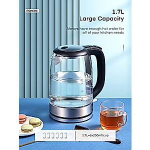 Electric Kettle with Stainless Steel Filter and Inner Lid, FOHERE 1500W Wide Opening 1.7L Glass Tea Kettle & Hot Water Boiler, LED Indicator Auto Shut-Off & Boil-Dry Protection, BPA Free