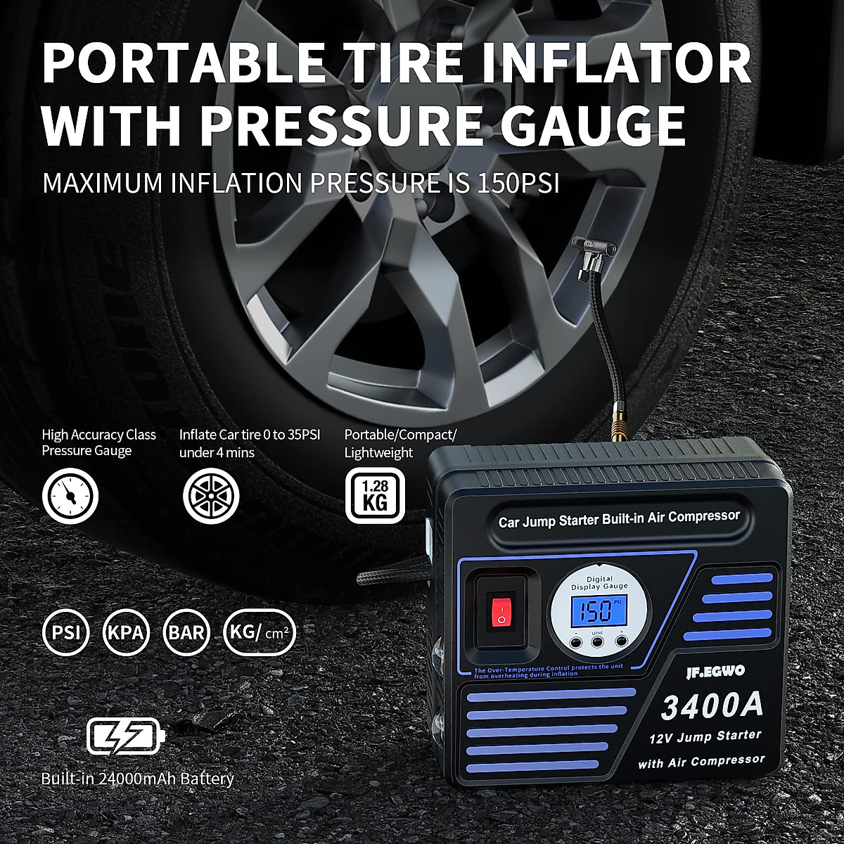 3400A Car Jump Starter with Air Compressor, 150PSI Tire Inflator with Digital Screen Pressure Gauge, 24000mAh 12V Auto Battery Booster (10.0L Gas/ 9.0LDiesel Engine), 2 USB Port 2 Light