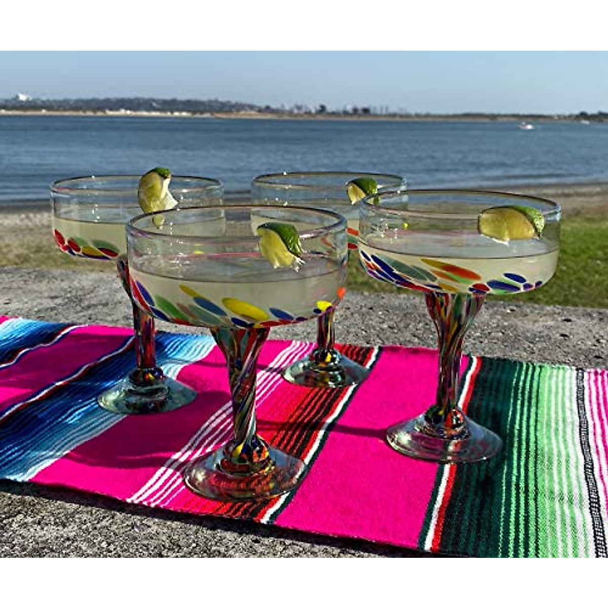 Mexican Hand Blown Glass – Set of 4 Hand Blown Margarita Glasses Confetti Carmen (16 oz)
