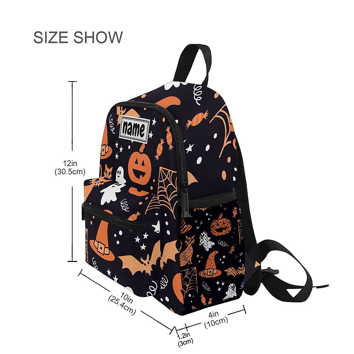 Glaphy Custom Kid's Name Backpack, Halloween Orange Black Cats Pumpkin Bats Ghosts Toddler Backpack for Daycare Travel, Personalized Name Preschool Bookbags for Boys Girls