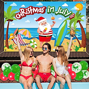 Christmas in July Party Decorations Large Photo Backdrop 38pcs latex balloons Mele Kalikimaka Christmas Summer Santa Banner for Outdoors Garden Party Supplies