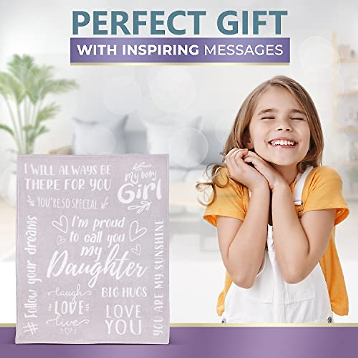 EasyFluffy Daughter Fleece Blanket from Mom or Dad – Pure Fleece Throw Blankets – Versatile Outside Light Throw Blankets – to My Daughter Fleece Blanket – Inspirational Message, 50" x 60" (Lilac)