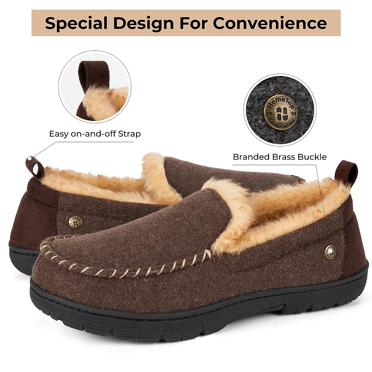 HomeTop Men's Memory Foam Moccasin Slippers, Indoor and Outdoor Warm Fuzzy Fleece House Shoes Coffee,10 US
