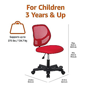 Amazon Basics Kids Adjustable Mesh Low-Back Swivel Study Desk Chair with Footrest, Red