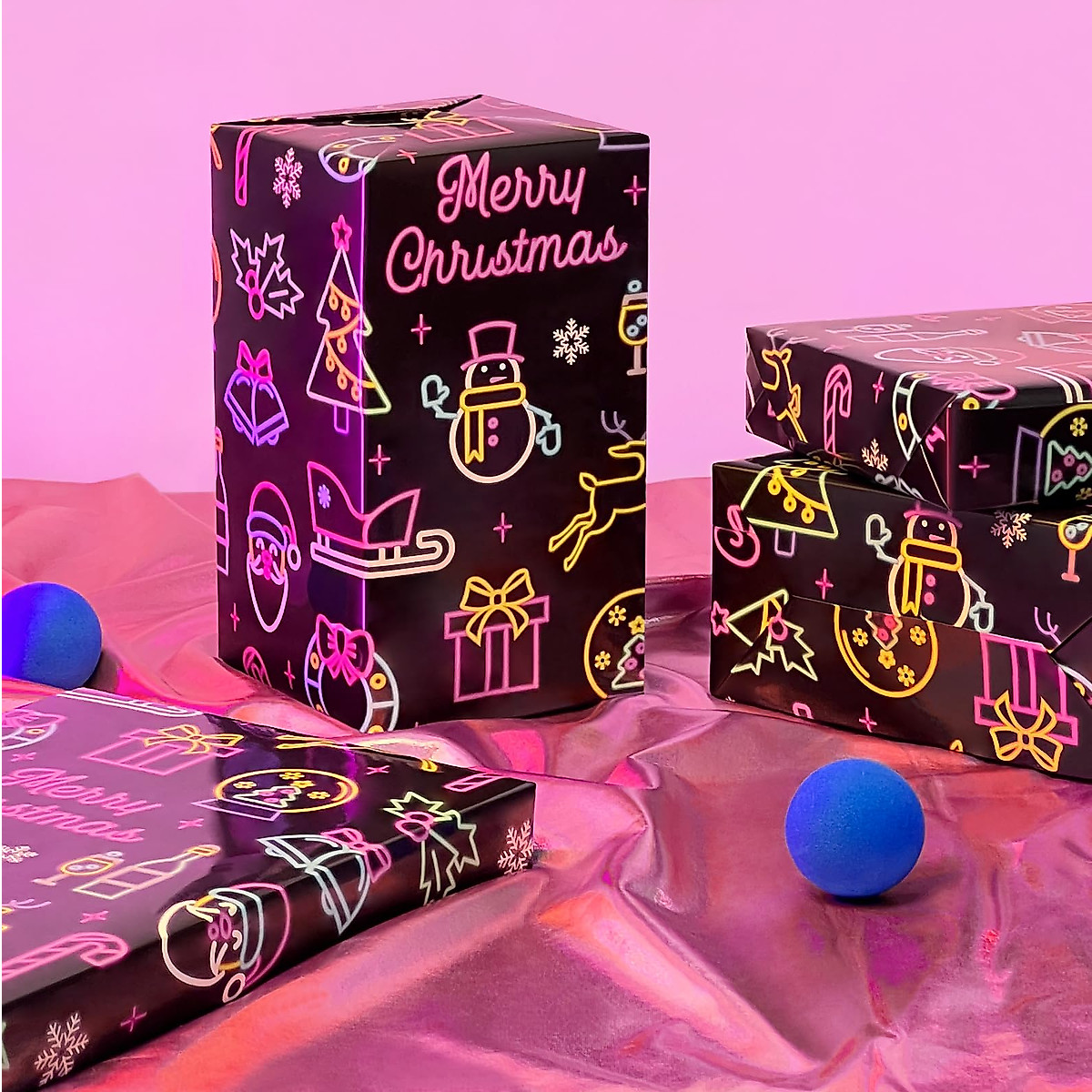 EWES Christmas Wrapping Paper Set 5 Rolls sheets 17x40 Inch Thick Black Pink For Gift Wrap Bundle Plaid Santa Claus Tree Funny Cute Kids Girls Boys Fun