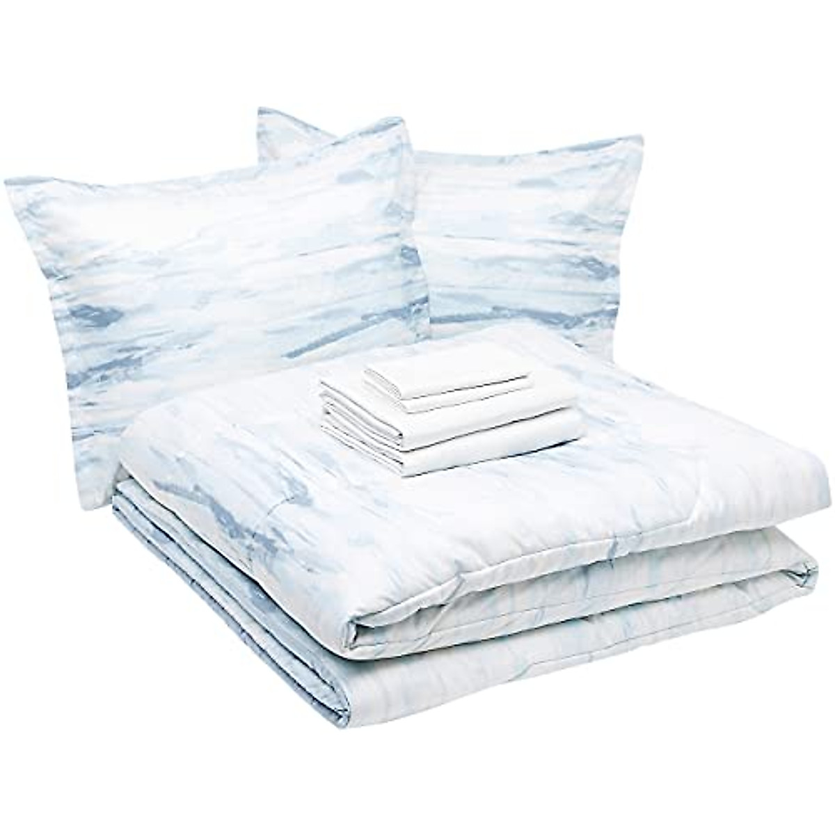 Amazon Basics Ultra-Soft Microfiber Bed-In-A-Bag 8 Piece Comforter Bedding Set, Queen, Blue Watercolor, Striped