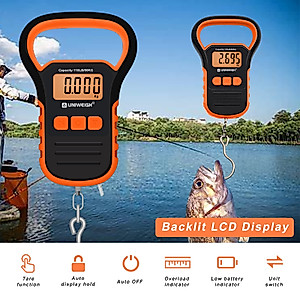 UNIWEIGH Digital Fishing Scale with Lip Gripper,Tape and Ruler,110lb/50kg Postal Hanging Luggage Scale with Hook，Waterproof Handing Scale for Home and Outdoor(Orange)