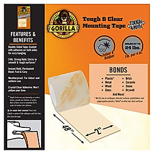 Gorilla Tough & Wide, Heavy Duty Double Sided Mounting Tape, 2" x 48", Clear, (Pack of 1)