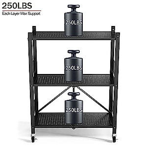 GUUVOR 3-Shelf Foldable Storage Shelves with Wheels,Kitchen Shelves Freestanding Foldable Metal Storage Shelf,No Assembly Storage Shelves,Heavy Duty Movable Shelving for Storeroom,Garage,Office