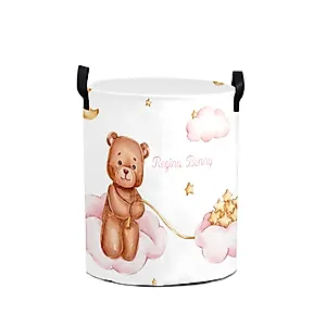 Cute Teddy Bear Stars Personalized Laundry Basket Clothes Round Storage Handle Waterproof, Custom Foldable Large Capacity and Lightweight, For Bedroom Bathroom Toy Decoration