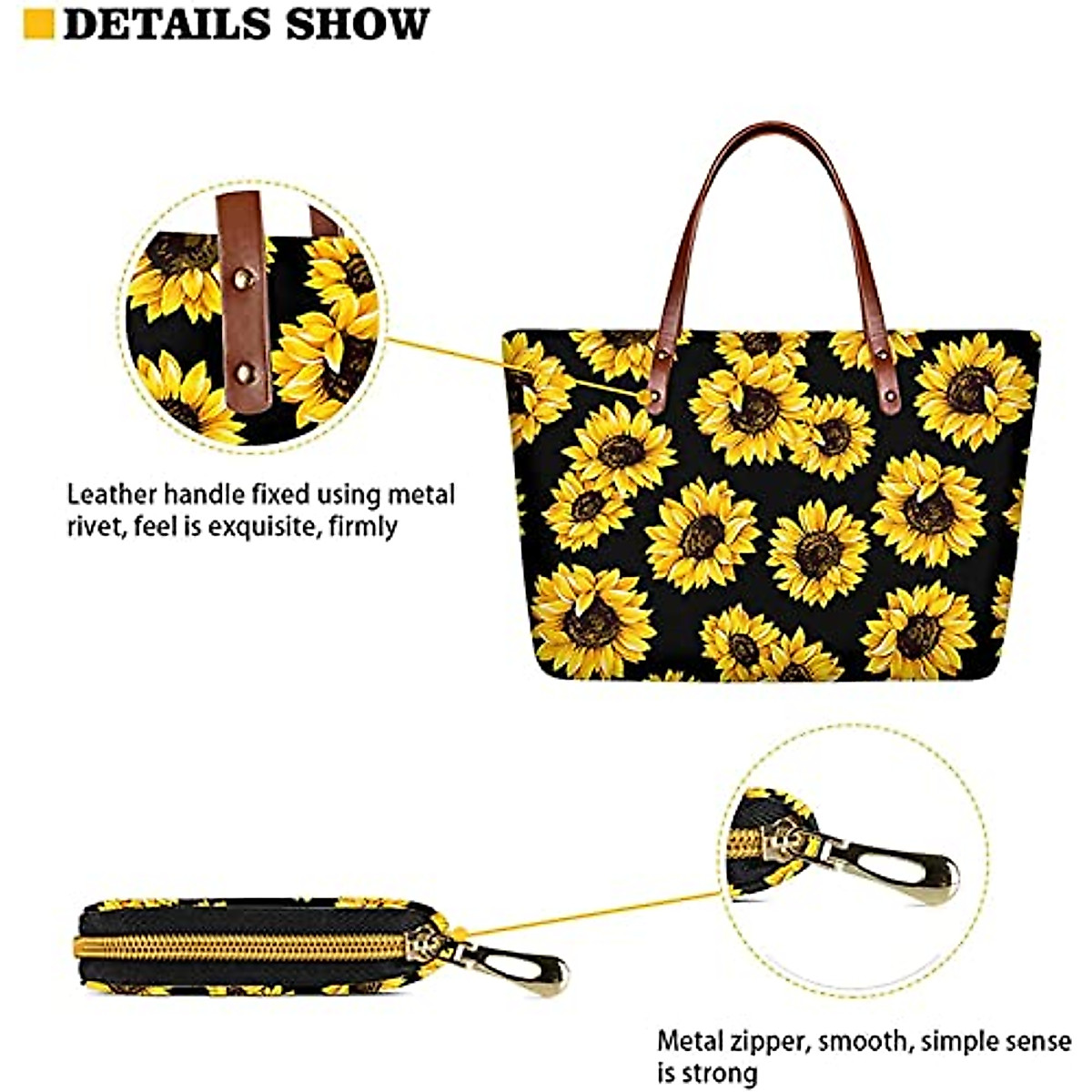 Wideasale Highland Cow Sunflower Printed 2Pcs Handbags Purse Set with Wallet for Women Outdoor Sports Athletic Tote Bags Zippered Large Shoulder Bag