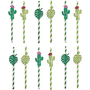 10 Pieces Cactus Monstera Leaf Drinking Straws Disposable Paper Straws for Hawaiian Party Supplies