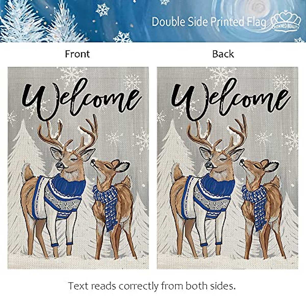 CROWNED BEAUTY Winter Garden Flag Reindeers for Outside, 12x18 Inch Double Sided Small Welcome Yard Outdoor Decoration CF696-12
