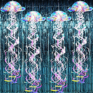 6 Pcs Under Sea Mermaid Party Decoration, Include Glitter Iridescent Jellyfish Decor, Light Blue Metallic Tinsel Foil Fringe Curtains Backdrop for Ocean Theme Birthday Party