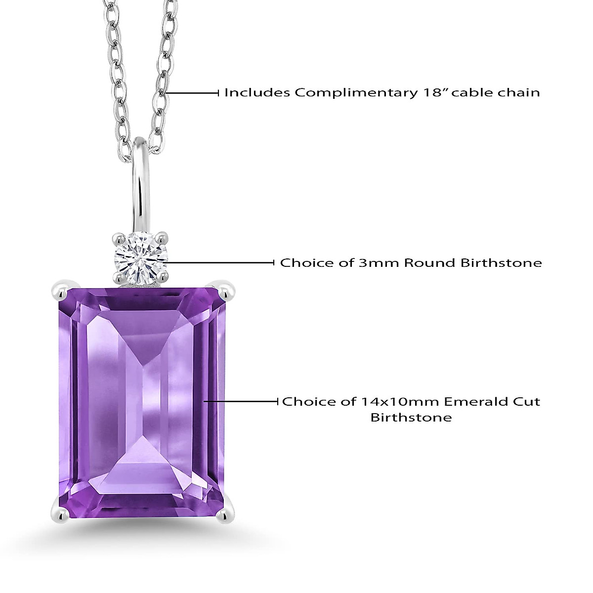 Gem Stone King 925 Sterling Silver Customized and Personalized 14X10MM Emerald Cut and Round Gemstone Birthstone Pendant Necklace For Women with 18 Inch Silver Chain