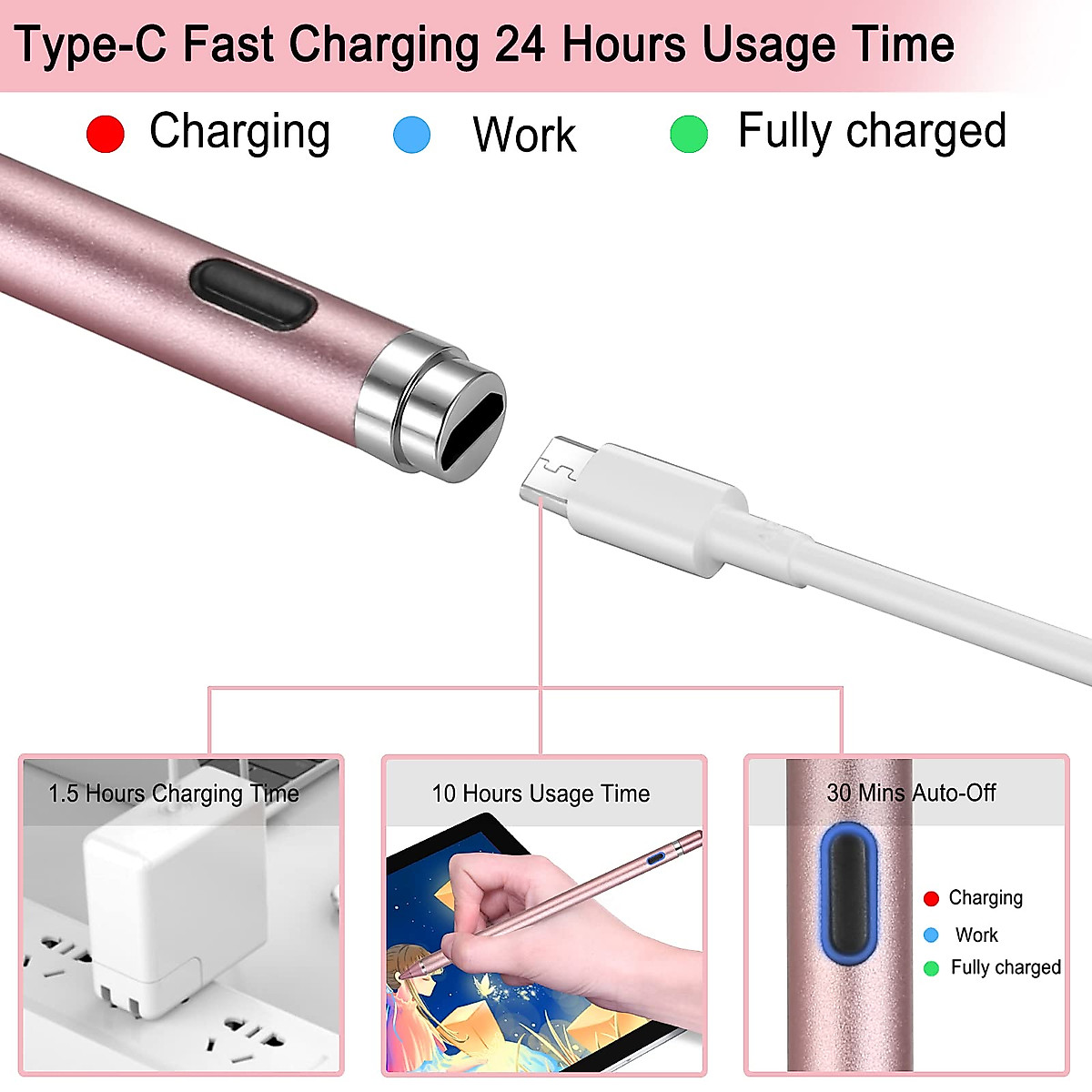 Stylus Pens for Touch Screens,Active Stylus Compatible for Apple iPad,Rechargeable 1.5mm Fine Point Smart Pencil Digital Compatible iPad and Most Tablet,for Drawing and Handwriting (Pink)