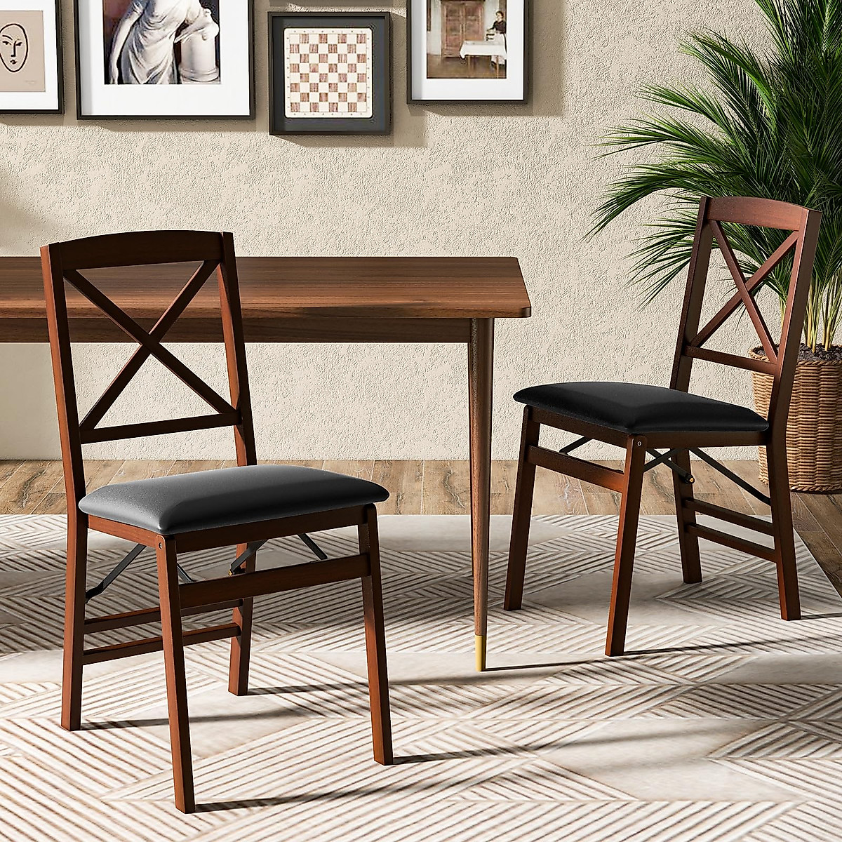 GOFLAME Folding Dining Chairs Set of 2, Foldable Side Chairs with PVC Padded Seat & High Backrest, 2 Pack Wooden Dining Chairs for Living Room, Kitchen, Restaurant