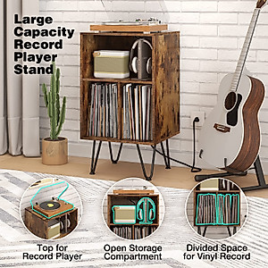 Record Player Stand with Vinyl Storage Turntalbe Stand with Charging Station and USB Ports Size W18 xD17 xH34 Record Player Table Shelf Holder with Power Outlet Holds 150 Albums Brown