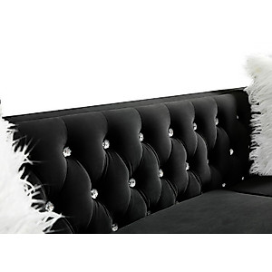 Tomkate 59.8 Inch Small Chesterfield Sofa, Modern Velvet Upholstered Loveseat Sofa Couch with Two Pillows and Crystal Feet, Crystal Buckle Upholstery Tufted 2 Seater Sofa for Living Room, Black